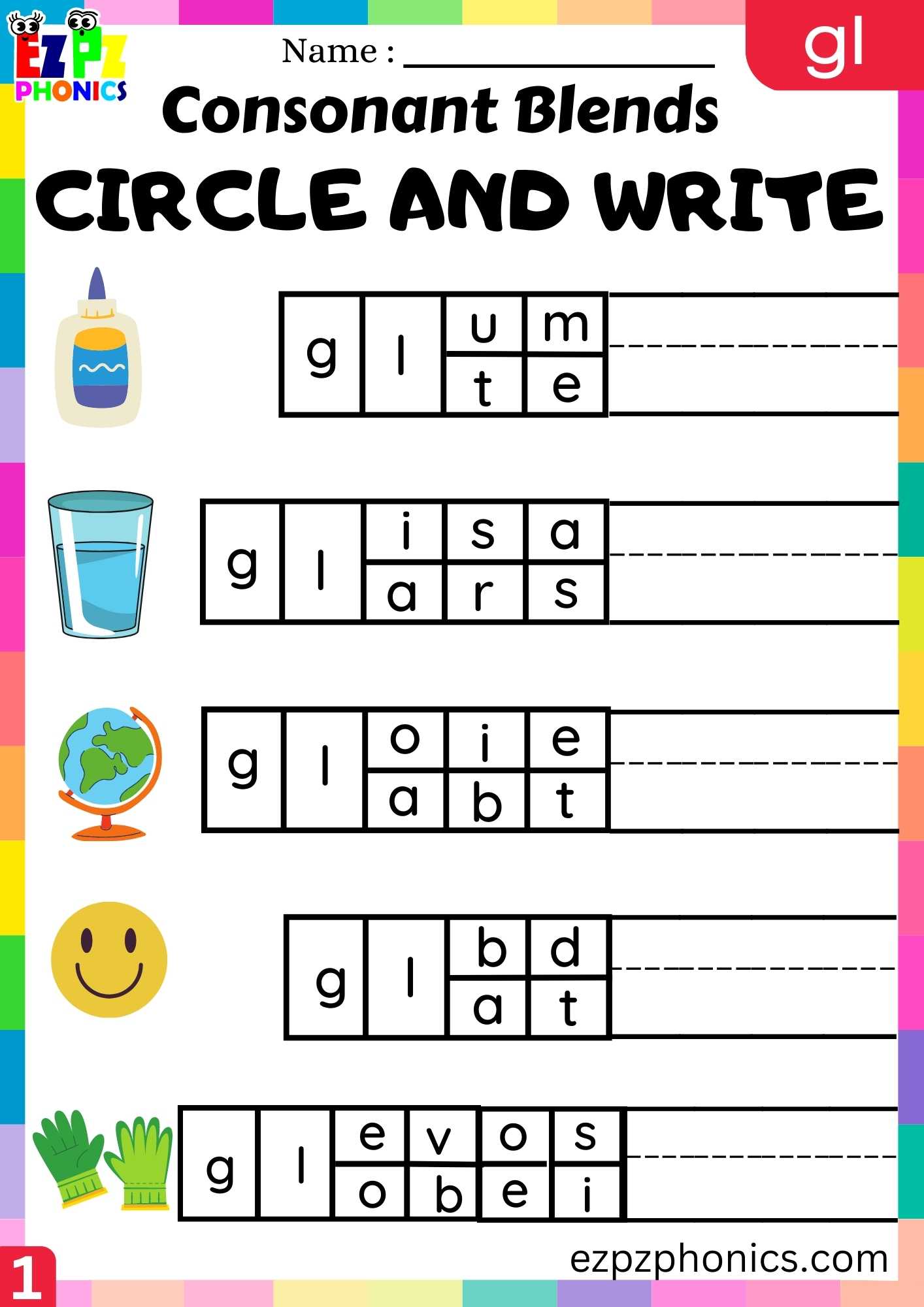 Group1 GL Words Circle And Write Phonics Consonant Blends Worksheet - ezpzphonics.com